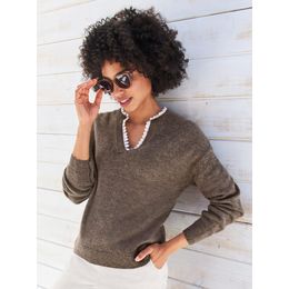 Strickpullover Heine "Pullover", Damen, Gr. 44, grau (dunkeltaupe, meliert), 70% Polyacryl, 22% Polyester, 8% Wolle, meliert, unifarben, Pullover Strickpullover