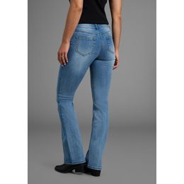 Arizona Damen Bootcut-Jeans &raquo;mit Keileins&auml;tzen&laquo; ausgestellte Beinform, niedrige Leibh&ouml;he, elastisches Material blau 34, N-Gr