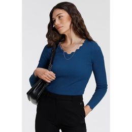 Laura Scott Damen V-Ausschnitt-Pullover mit femininer Wellenkante blau 36