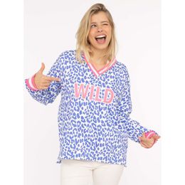 Zwillingsherz Damen Sweatshirt &raquo;"Leo Pastell"&laquo;, mit V-Ausschnitt, gestreiften B&uuml;ndchen und WILD Applikation blau S/M