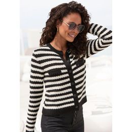Lascana Damen Lascana Strickjacke mit Streifenmuster, Kontrastb&uuml;ndchen, markante Knopfleiste schwarz-wei&szlig; 44/46
