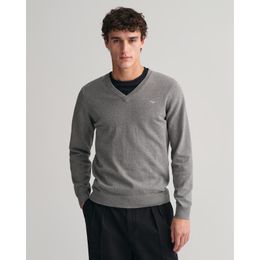 Gant Herren V-Ausschnitt-Pullover &raquo;Classic Cotton V-Neck&laquo; Premium Strickjersey aus weicher 100% Baumwolle, &Uuml;bergangspullover grau L