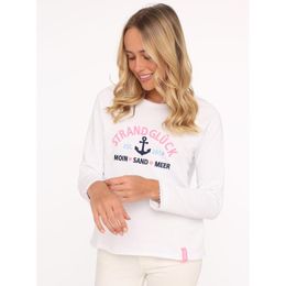 Zwillingsherz Damen Sweatshirt &raquo;"Strandgl&uuml;ck"&laquo;, mit Used-Look Kanten wei&szlig; SM (S/M)