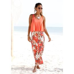 s.Oliver Damen s.Oliver Maxikleid im Lagen-Look mit Blumenprint, Sommerkleid, Strandkleid orange 34, N-Gr