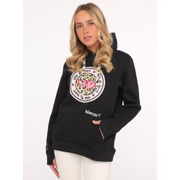 Zwillingsherz Damen Hoodie, Kapuze, Langarm, K&auml;ngurutasche, Leo-Details, modisch schwarz S/M