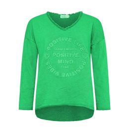Zwillingsherz Damen Sweatshirt &raquo;"Positive Mind"&laquo;, ausgefranster V-Ausschnitt, Used Look, Langarm, Schriftzug gr&uuml;n L/XL (L/XL)