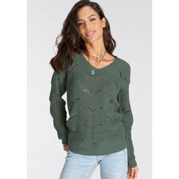Laura Scott Damen Strickpullover softer &Uuml;bergangsstrick mit V-neck und trendy Ajourmuster gr&uuml;n 48