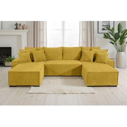 Wohnlandschaft Collection AB "Manhattan U-Form, B: 313 cm, in Breit- oder Normalcord", gelb, B:313cm H:41cm T:161cm, 100%Polyester, Sofas, Wohnlandschaft, mit Bettfunktion, Bettkasten & Zierkissen, Federkern