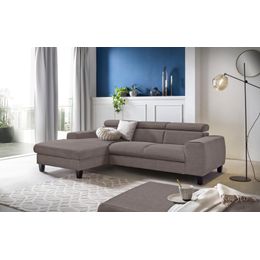 Ecksofa COTTA "Morven L-Form mit Kopfteilverstellung", grau (taupe), B:244cm H:72cm T:166cm, Microfaser PRIMABELLE (100% Polyester);Flachgewebe (100% Polyester);Samtvelours (100% Polyester), Sofas, Ecksofa, wahlweise mit Bettfunktion, Bettkasten & Wireless-Charger