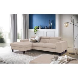 Ecksofa COTTA "Morven L-Form mit Kopfteilverstellung", beige (natural), B:244cm H:72cm T:166cm, Microfaser PRIMABELLE (100% Polyester);Flachgewebe (100% Polyester);Samtvelours (100% Polyester), Sofas, Ecksofa, wahlweise mit Bettfunktion, Bettkasten & Wireless-Charger