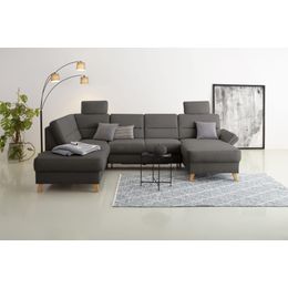 Wohnlandschaft Home Affaire "Westerland U-Form", grau, B:303cm H:90cm T:213cm, 98% Polyester 2% Polyamid, Sofas, Wohnlandschaft, Federkern, wahlweise Bettfunktion, Stauraum und Armlehn-Verstellung