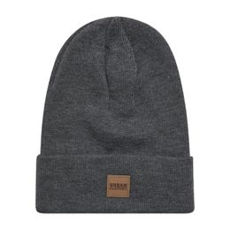 Beanie Urban Classics "Urban Classics Unisex Synthetic Leatherpatch Long Beanie", Damen, Gr. onesize, charcoal, Kunstfaser, M&uuml;tzen Beanie