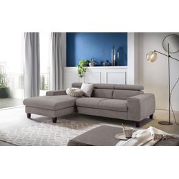Ecksofa COTTA "Morven L-Form mit Kopfteilverstellung", grau, B:244cm H:72cm T:166cm, Microfaser PRIMABELLE (100% Polyester);Flachgewebe (100% Polyester);Samtvelours (100% Polyester), Sofas, Ecksofa, wahlweise mit Bettfunktion, Bettkasten & Wireless-Charger
