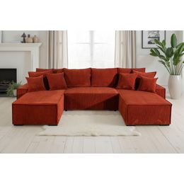 Wohnlandschaft Collection AB "Manhattan U-Form, B: 313 cm, in Breit- oder Normalcord", terracota, B:313cm H:41cm T:161cm, 100%Polyester, Sofas, Wohnlandschaft, mit Bettfunktion, Bettkasten & Zierkissen, Federkern