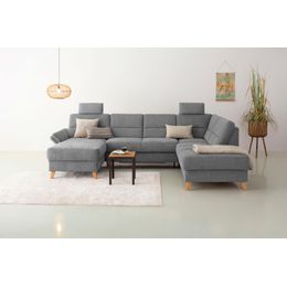Wohnlandschaft Home Affaire "Westerland U-Form", grau, B:303cm H:90cm T:213cm, 100% Polyester, Sofas, Wohnlandschaft, Federkern, wahlweise Bettfunktion, Stauraum und Armlehn-Verstellung