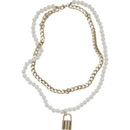 Edelstahlkette Urban Classics "Urban Classics Unisex Padlock Pearl Layering Necklace", gold, Halsketten, Damen, onesize, Edelstahlkette