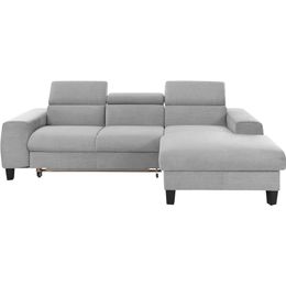 Ecksofa COTTA "Morven L-Form mit Kopfteilverstellung", grau (light grau), B:244cm H:72cm T:166cm, Microfaser PRIMABELLE (100% Polyester);Flachgewebe (100% Polyester);Samtvelours (100% Polyester), Sofas, Ecksofa, wahlweise mit Bettfunktion, Bettkasten & Wireless-Charger