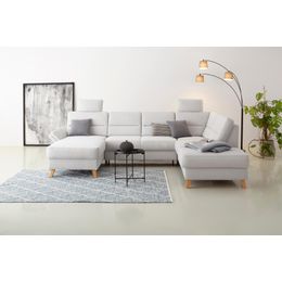 Wohnlandschaft Home Affaire "Westerland U-Form", silber, B:303cm H:90cm T:213cm, 98% Polyester 2% Polyamid, Sofas, Wohnlandschaft, Federkern, wahlweise Bettfunktion, Stauraum und Armlehn-Verstellung