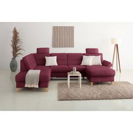 Wohnlandschaft Home Affaire "Westerland U-Form", rot (bordeaux), B:303cm H:90cm T:213cm, 100% Polyester, Sofas, Wohnlandschaft, Federkern, wahlweise Bettfunktion, Stauraum und Armlehn-Verstellung