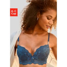 Push-up-BH Lascana, Damen, Gr. 80, Cup A, blau (dunkelpetrol), Microtouch, Obermaterial: 60% Polyamid, 35% Polyester, 5% Elasthan, BHs Push-up-BH, mit extravaganten Strasselementen an den Tr&auml;gern, Dessous