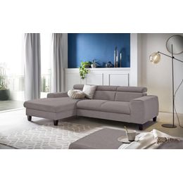 Ecksofa COTTA "Morven L-Form mit Kopfteilverstellung", grau, B:244cm H:72cm T:166cm, Microfaser PRIMABELLE (100% Polyester);Flachgewebe (100% Polyester);Samtvelours (100% Polyester), Sofas, Ecksofa, wahlweise mit Bettfunktion, Bettkasten & Wireless-Charger