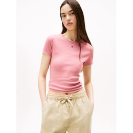 Kurzarmshirt Tommy Jeans "TJW SLIM ESSENTIAL RIB SS EXT", Damen, Gr. XL (42), tahiti berry, Single Jersey, Obermaterial: 95% Baumwolle, 5% Elasthan, unifarben, slim fit kurz, Rundhals, abgesteppt, Shirts, Baumwollmischung, slim fit, figurbetont, in gerippter Struktur