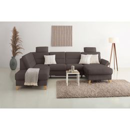 Wohnlandschaft Home Affaire "Westerland U-Form", braun (dunkelbraun), B:303cm H:90cm T:213cm, 100% Polyester, Sofas, Wohnlandschaft, Federkern, wahlweise Bettfunktion, Stauraum und Armlehn-Verstellung