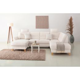 Wohnlandschaft Home Affaire "Westerland U-Form", beige (creme), B:303cm H:90cm T:213cm, 100% Polyester, Sofas, Wohnlandschaft, Federkern, wahlweise Bettfunktion, Stauraum und Armlehn-Verstellung