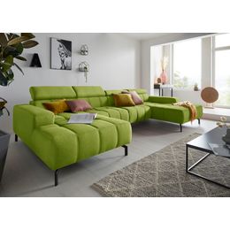 Wohnlandschaft DOMO collection "Cunelli tolle Sitzn&auml;hte als Designelement, fester Sitzkomfort, U-Form", gr&uuml;n (lime), B:376cm H:79cm T:175cm, Sofas, Wohnlandschaft, wahlweise mit Kopfteilverstellung, bodenfrei