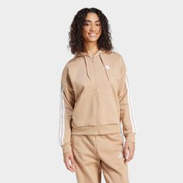 Kapuzensweatshirt adidas Sportswear "ESSENTIALS 3-STREIFEN FULL-ZIP FLEECE", Damen, Gr. XL, warm sandstone, wei&szlig;, Obermaterial: 55% Baumwolle, 36% Polyester, 9% Viskose, angesetztes B&uuml;ndchen, Sweatshirts