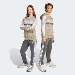 Trainingsanzug adidas Sportswear "SEASONAL ESSENTIALS TIBERIO 3-STREIFEN KIDS", Jungen, Gr. 140, silber pebble, grau six, metallicl grau, wei&szlig;, Obermaterial: 70% Baumwolle, 30% Polyester, Sportanz&uuml;ge Trainingsanzug