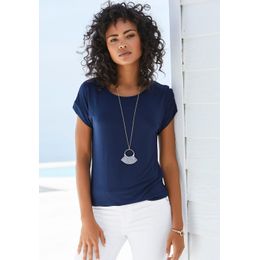 Kurzarmshirt Vivance "mit Gummizug im Bund", Damen, Gr. 48/50, blau (navy), Obermaterial: 95% Viskose, 5% Elasthan, unifarben, Basic, bequem normal, Rundhals, angeschnitten, Shirts, aus weichem Viskose-Stretch, Topseller