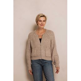 Strickjacke Zhrill "CORINNA", Damen, Gr. L, sand, Strick, Obermaterial: 56% Polyacryl, 18% Polyamid, 18% Polyester, 6% Wolle, 2% sonstige Fasern, regular fit h&uuml;ftlang, Rundhals, Raglan&auml;rmel Strickb&uuml;ndchen, Strickjacken Strickjacke, mit Rippenstruktur, Rei&szlig;verschluss vorn