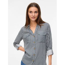 V&eacute;ro Moda Hemdbluse VERO MODA "VMBUMPY L/S SHIRT NEW WVN GA NOOS", Damen, Gr. M, india ink stripes:eva snow wei&szlig;, Web, Obermaterial: 100% Viskose, gestreift, regular fit Po-bedeckend, V-Ausschnitt, mit Riegel Manschette, Blusen Hemdbluse, Viskose, regular fit
