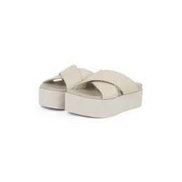 Pantolette Calvin Klein Jeans "FLATFORM CROSS MG UC", Damen, Gr. 40, beige (creme), Leder, Schuhe Pantolette, Plateau, Sommerschuh, Schlappen mit Kreuzbandage