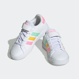 Klettschuh adidas Sportswear "GRAND COURT 2.0 KIDS", M&auml;dchen, Gr. 35, wei&szlig; (cloud wei&szlig;, pulse mint, beam pink), Synthetik, Textil, Schuhe Klettschuh, Design auf den Spuren des adidas Superstar, f&uuml;r Kinder