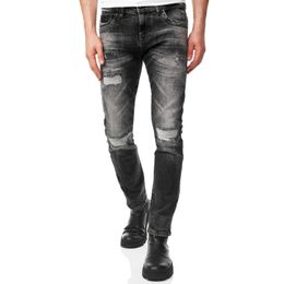 Straight-Jeans Rusty Neal "YAMATO", Herren, Gr. 29, US-Gr&ouml;&szlig;en, grau (dunkelgrau), 98% Baumwolle, 2% Elasthan, mehrfarbig, lang, Jeans Straight-Jeans, mit farblich abgesetzten N&auml;hten
