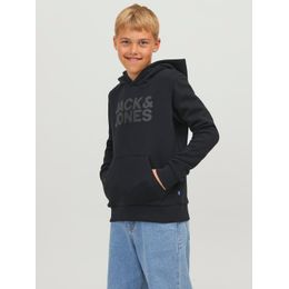 Jack & Jones Kapuzensweatshirt JACK & JONES JUNIOR "JJECORP mit Druck, K&auml;ngurutasche, pflegeleicht", Jungen, Gr. 176, schwarz, angeraute Sweatware, Obermaterial: 70% Baumwolle, 30% Polyester, bedruckt, regular fit normal, Rundhals, Rippb&uuml;ndchen, Sweatshirts, Baumwollmischung, regular fit