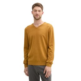 V-Ausschnitt-Pullover Tom Tailor, Herren, Gr. L, mustard melange, Strick, Obermaterial: 100% Baumwolle, meliert, regular fit normal, V-Ausschnitt, Rippb&uuml;ndchen, Pullover, mit kleiner Logo-Stickerei