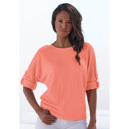 2-in-1-Shirt Vivance "zum Krempeln", Damen, Gr. 32/34, orange (peach), Cr&ecirc;pe, Obermaterial: 98% Polyester, 2% Elasthan, unifarben, l&auml;ssig geschnitten normal, Rundhals, mit Riegel, Shirts 2-in-1 Shirt, aus b&uuml;gelfreier Cr&ecirc;pe-Qualit&auml;t