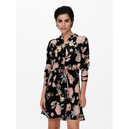 Druckkleid Only "ONLCORY LIFE L/S V-NECK TUNIC WVN NOOS", Damen, Gr. XS, N-Gr, schwarz aop:groundbreaker floral, Web, Obermaterial: 100% Polyester, bedruckt, kurz, V-Ausschnitt, Kleider Druckkleid, Sommerkleid mit Tailleng&uuml;rtel