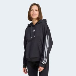 Kapuzensweatshirt adidas Sportswear "HOLIDAY 3-STREIFEN FLEECE HOODIE", Damen, Gr. M, schwarz (schwarz, silber metallic), Obermaterial: 55% Baumwolle, 36% Polyester, 9% Viskose, angesetztes B&uuml;ndchen, Sweatshirts