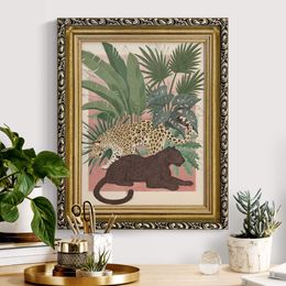 Bilderwelten Bild mit Barockrahmen Antik Tiere Tropisch Barock beige - Majest&auml;tische Wildkatzen - Pflanzen Wohnzimmer Schlafzimmer