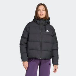 Winterjacke adidas Sportswear "ESSENTIALS CLIMAWARM 3-STREIFEN PUFFER MIT KAPUZE", Damen, Gr. L, schwarz, Obermaterial: 100% Polyamid. Wattierung: 80% Entendaune, 20% Federn, Jacken Winterjacke
