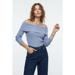 Strickpullover Only "ONLKATIA LIFE LS OFF SHOULDER KNT NOOS", Damen, Gr. XS (34), blau (kentucky blau detail:melange), Strick, Obermaterial: 50% Viskose, 27% Nylon, 23% Polyester, meliert, regular fit normal, Carmenausschnitt, Pullover Strickpullover, Viskosemischung, regular fit