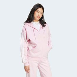 Damen Kapuzensweatshirt "ESSENTIALS 3-STREIFEN FULL-ZIP FLEECE"clear pink, wei&szlig;, Gr. XS, adidas Sportswear, Obermaterial: 55% Baumwolle, 36%