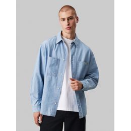 Jeanshemd Calvin Klein Jeans "EASY CHAMBRAY SHIRT", Herren, Gr. L, N-Gr, blau (denim light), Web, Obermaterial: 100% Baumwolle, unifarben, regular fit, &Auml;rmel mit &Auml;rmelschlitz 1-Knopf-Manschette, Hemden Jeanshemd, Logodruck, Brusttaschen
