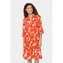 Blusenkleid Saint Tropez "EdaSZ Dress", Damen, Gr. L, N-Gr, orange (poinciana water blooms), Web, Obermaterial: 100% Viskose, gebl&uuml;mt, knieumspielend, V-Ausschnitt, Volant, Kleider Blusenkleid, Sommerkleid, Tunikakleid mit Volant und 3/4 &Auml;rmel