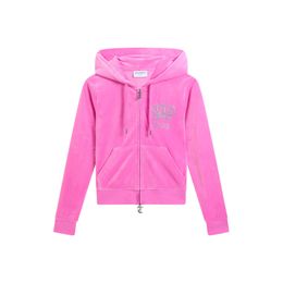 Kapuzennickijacke Juicy Couture "GOTHIC CROWN HOODIE. Damen", Damen, Gr. M, super pink, Samt, 95% Polyester, 5% Elasthan, Jacken, Trainingsjacke Damen, Sweatjacke mit Kapuze, Velour, mit Glitzer, Sale