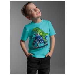 T-Shirt TRIGEMA "TRIGEMA T Shirt mit Dino Motiv "No Risk No Fun", Jungen, Gr. 104, mint, 100% Baumwolle, Basic, Shirts T-Shirt
